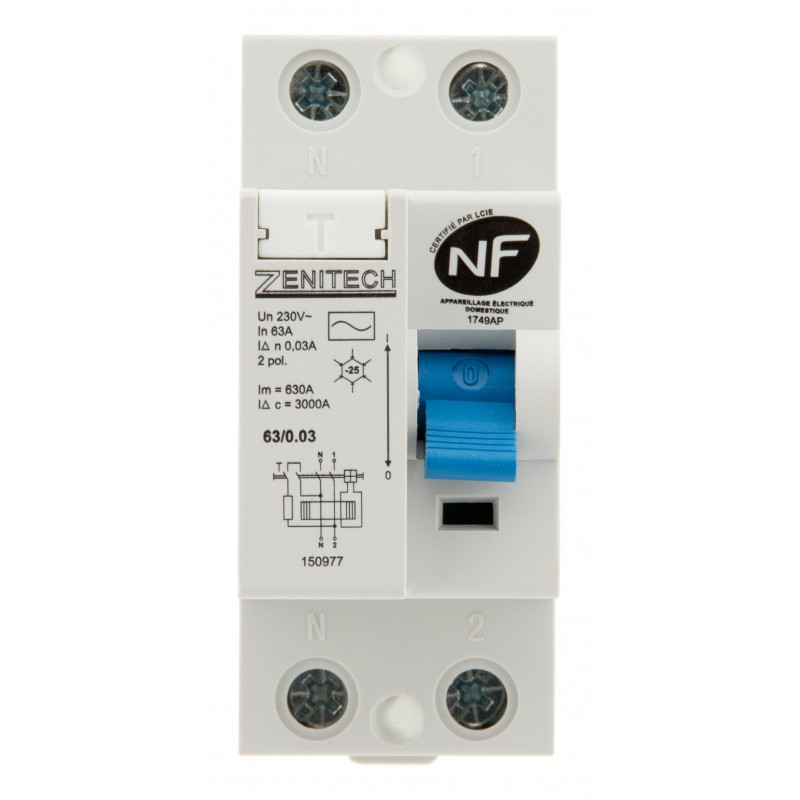 INTERRUPTEUR DIFFÉRENTIEL 63/2 30mA TYPE AC NF - ZENITECH